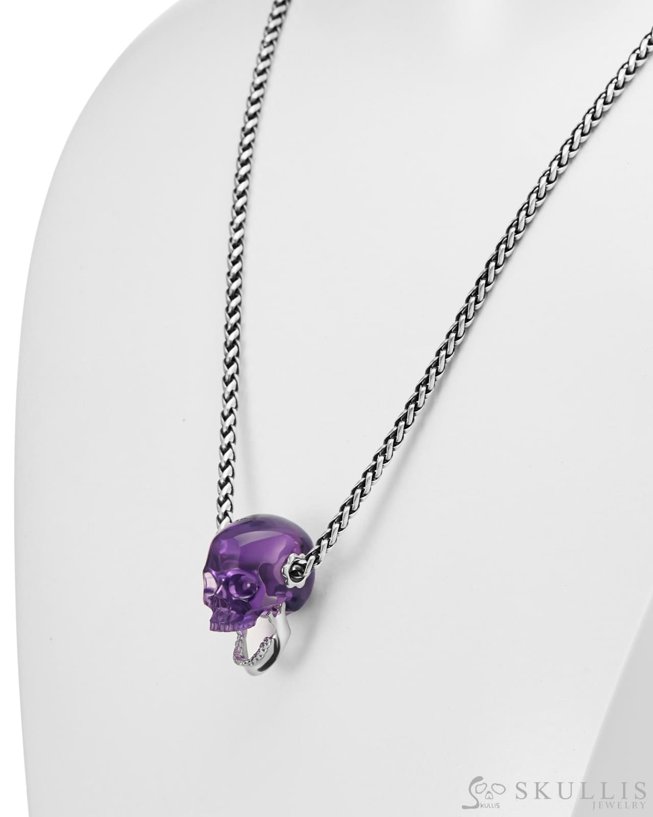 Gem Skull Pendant Necklace of Amethyst Crystal Carved Skull with Deta ...