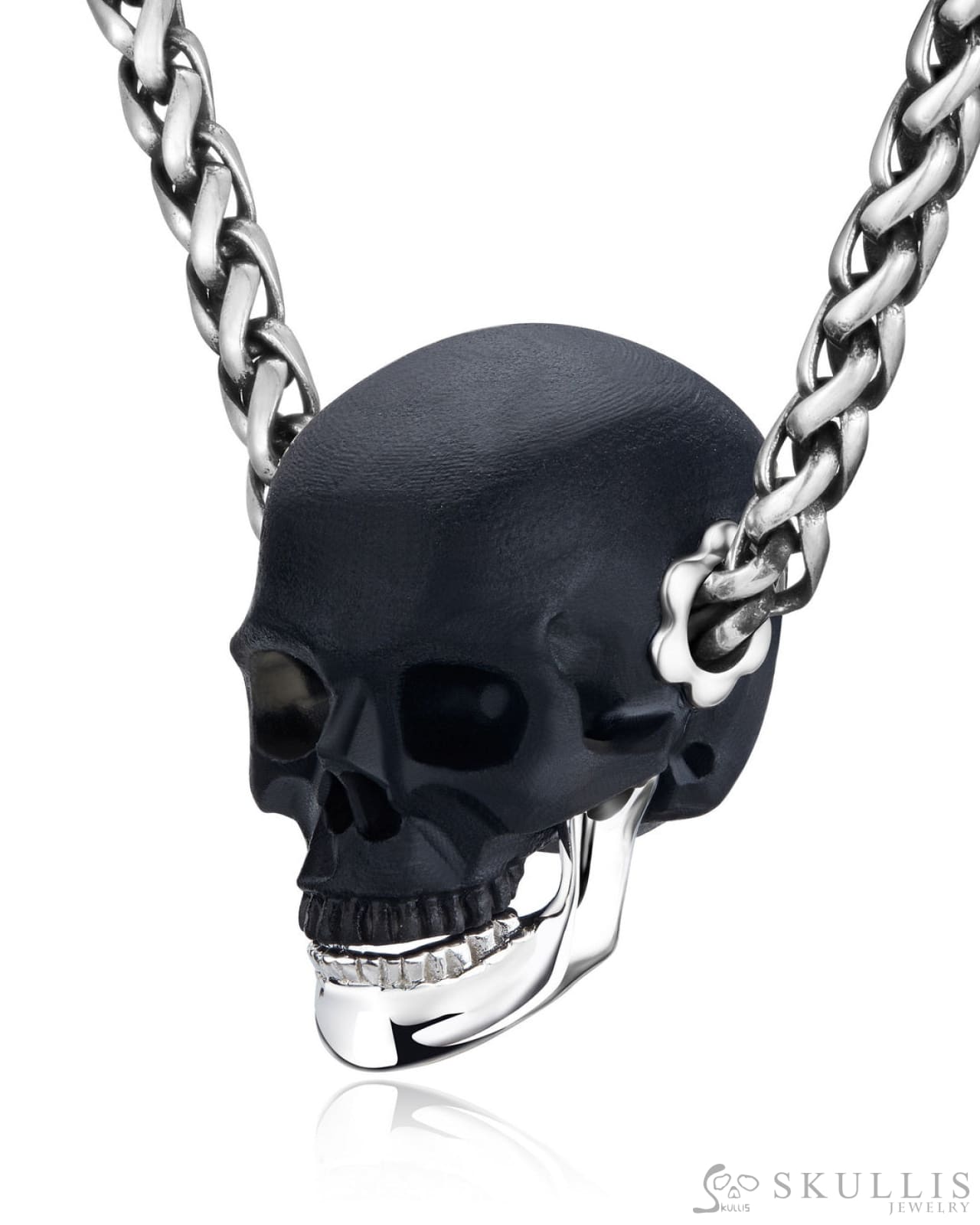 Gem Skull Pendant Necklace of Frosted Black Obsidian Crystal Carved S ...