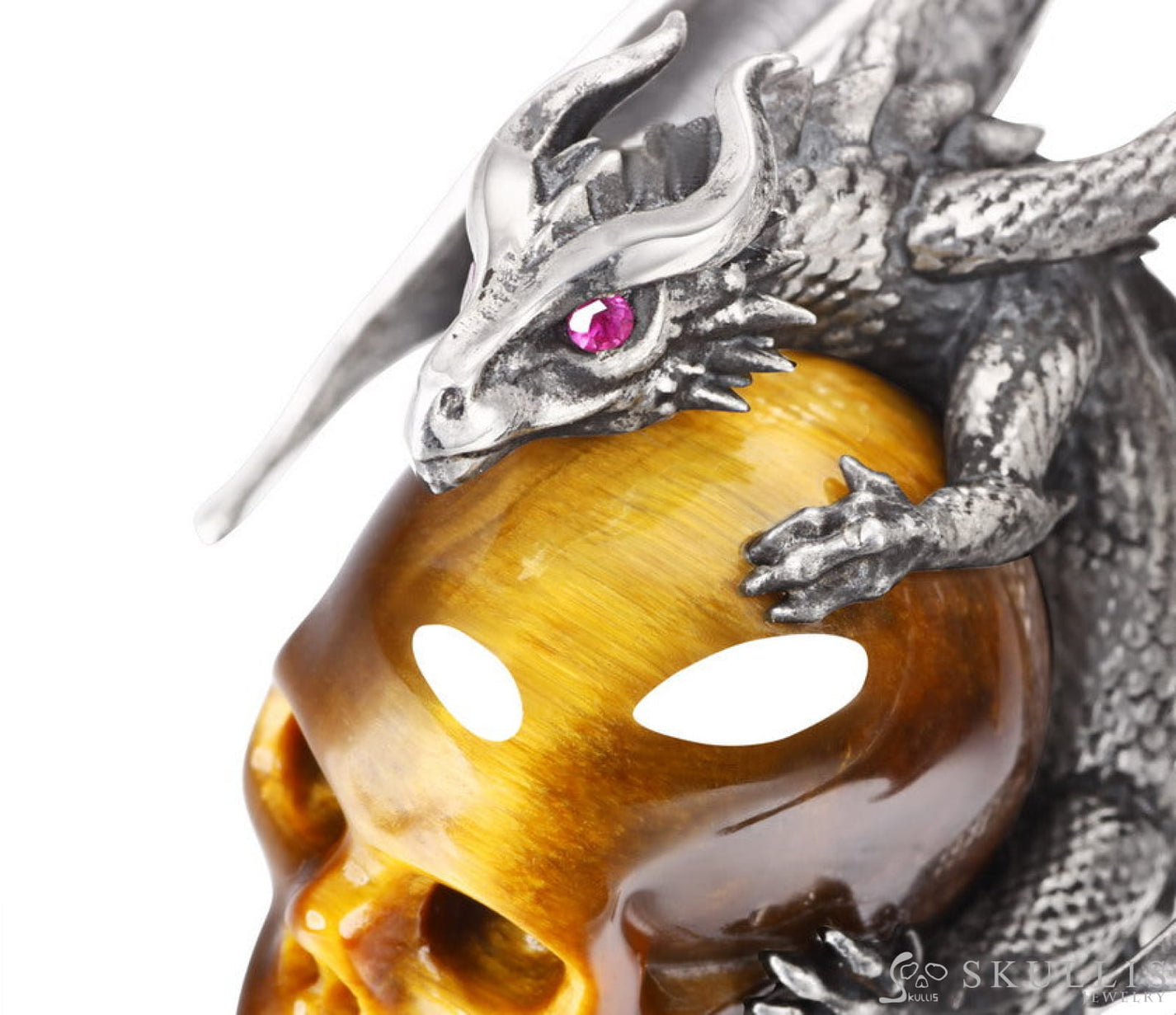 Gem Skull Pendant Necklace of Gold Tiger's Eye Carved Skull with Ruby ...